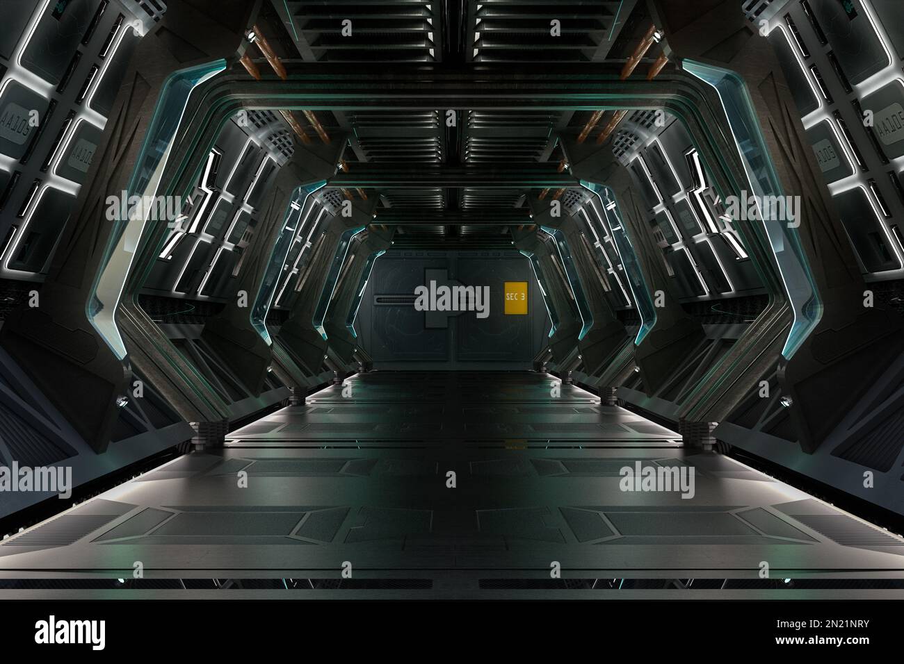 Science fiction fantasy corridor in a space station or star ship. 3D ...