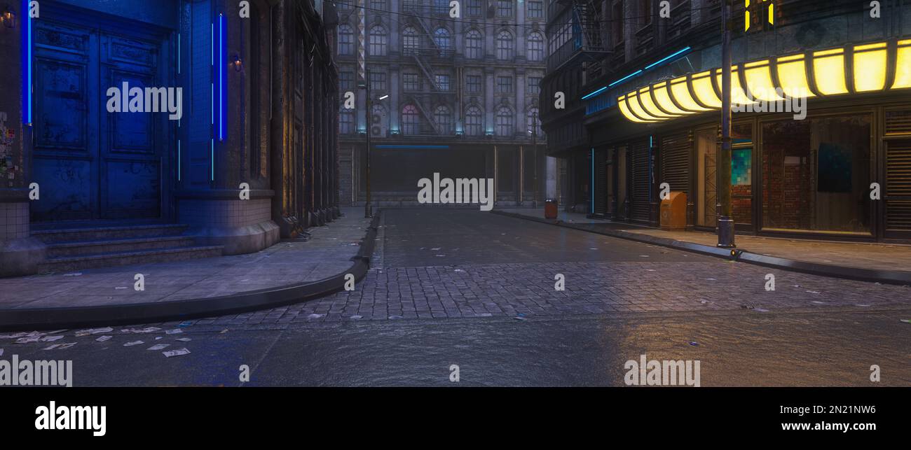 Wide cinematic view of an empty street in a dystopian futuristic cyberpunk city at night. 3D ...