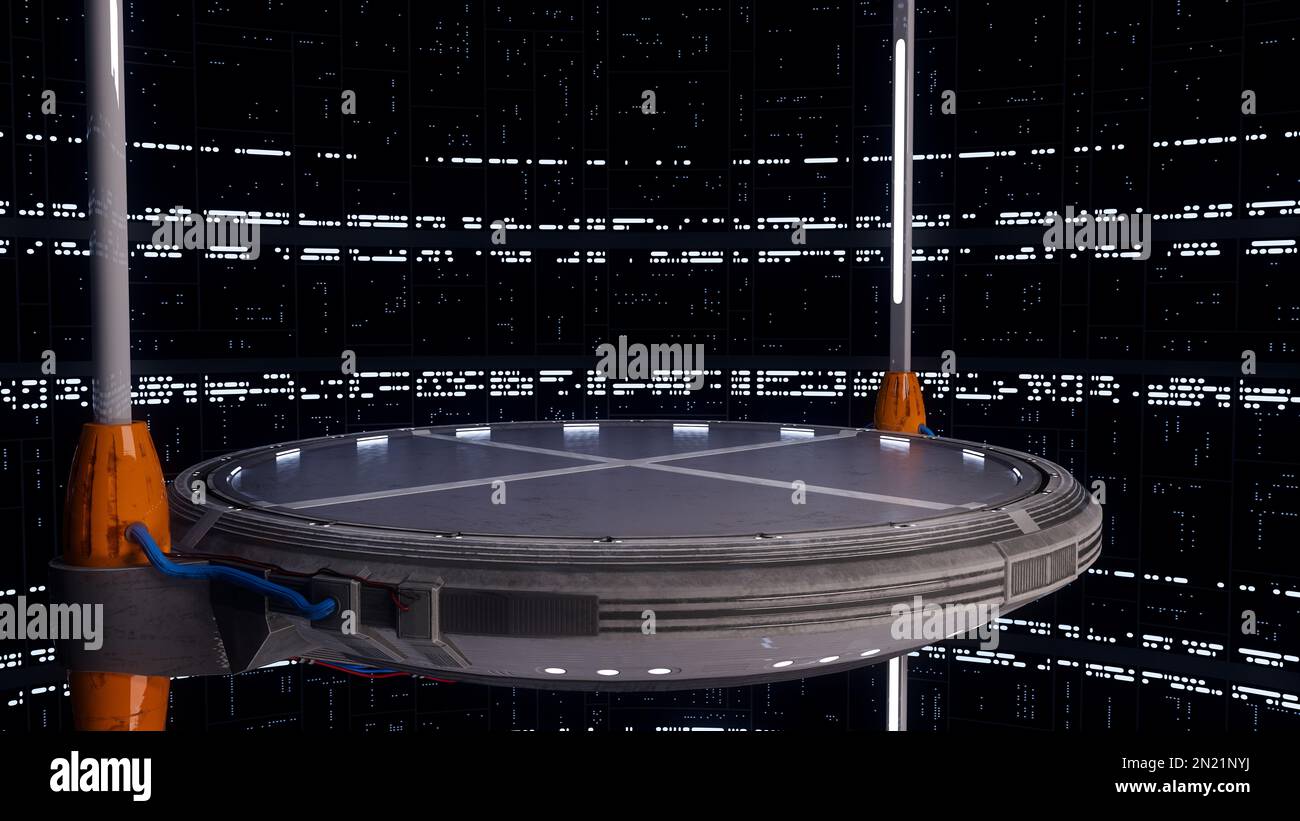 Large round lifting platform in a vast science fiction space station ...