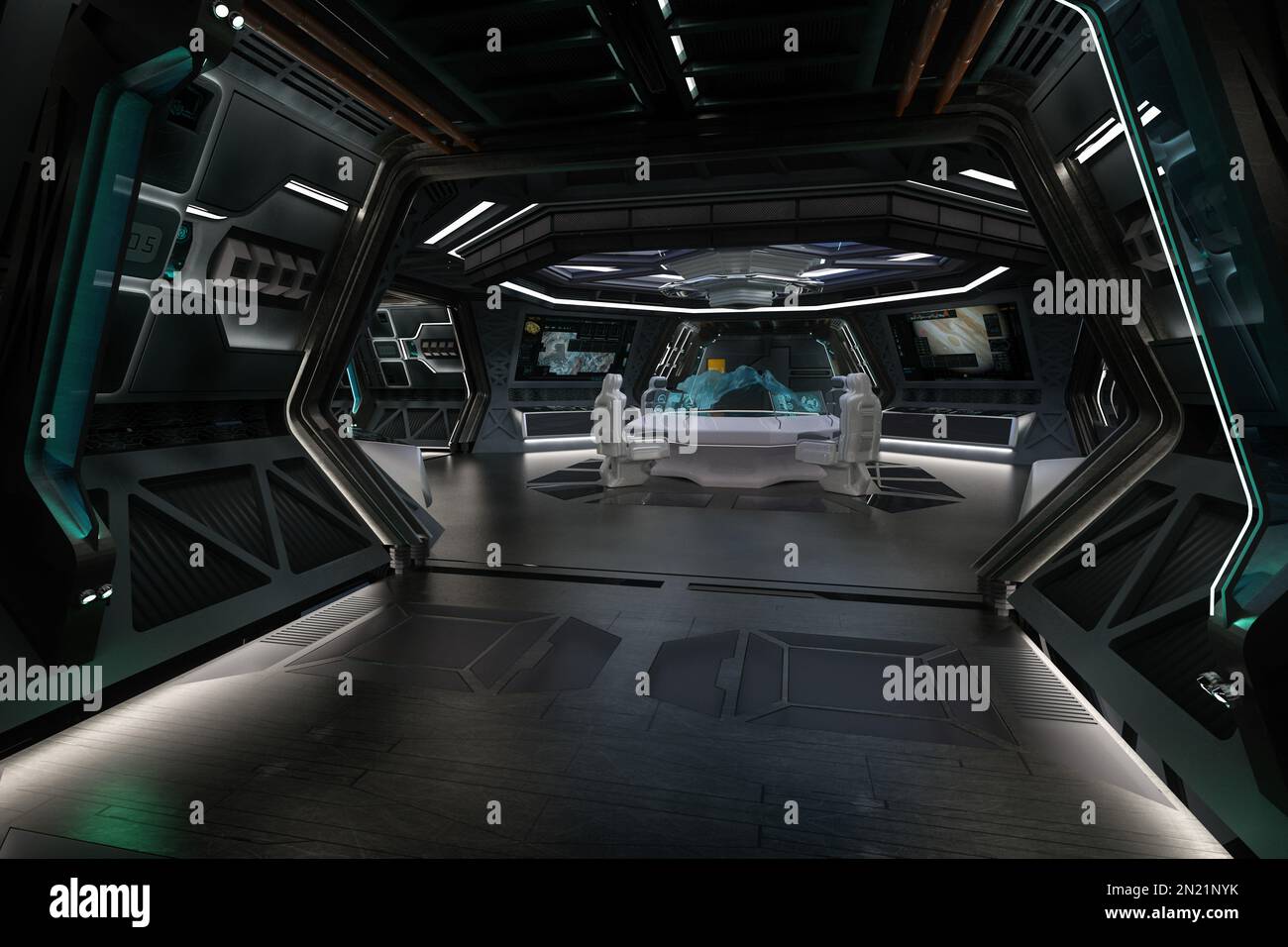 Science fiction fantasy corridor and entrance to control room in a ...