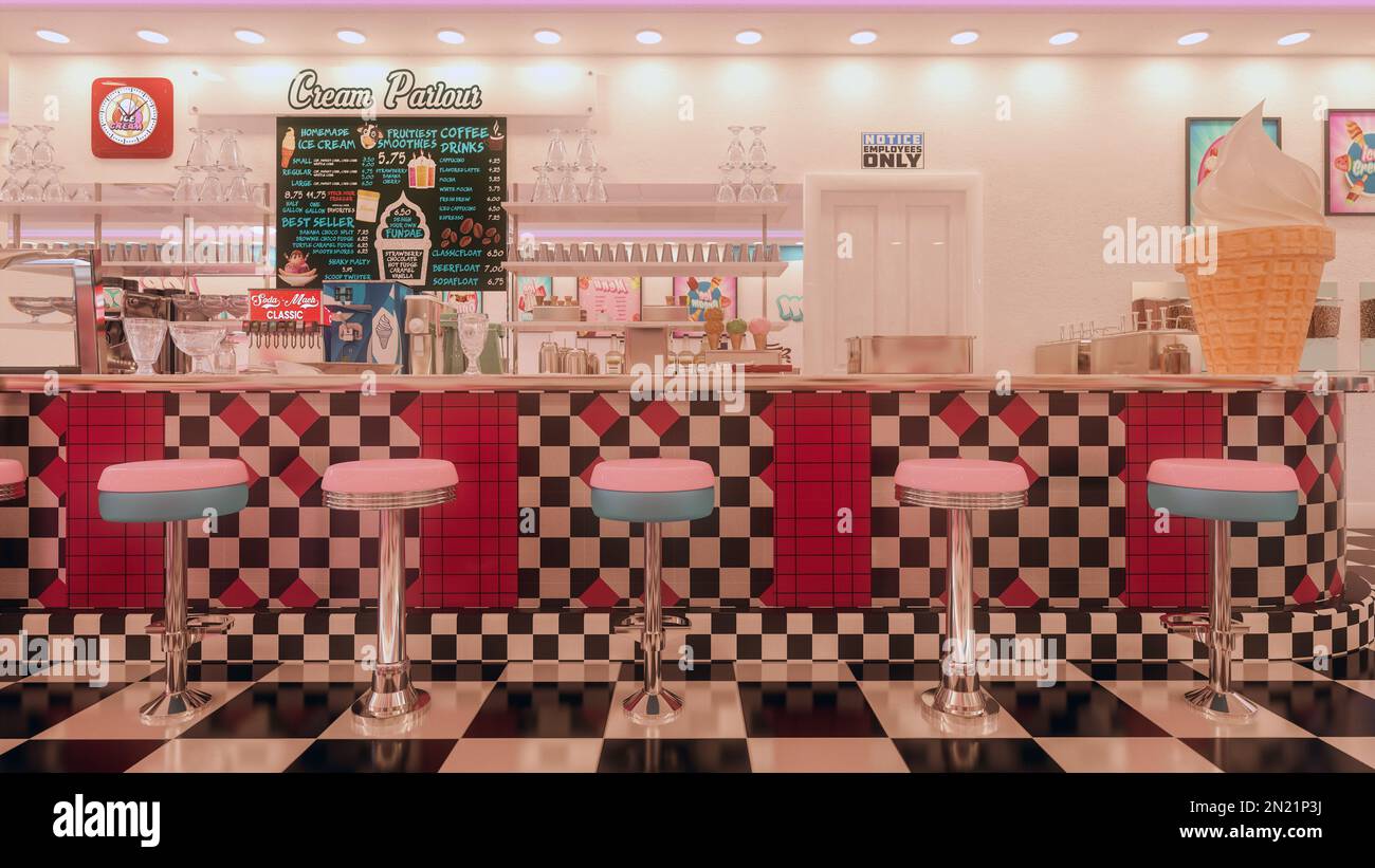 Vintage American ice cream parlour with black and white checked floor ...