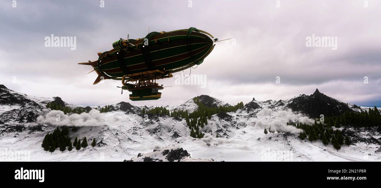 Cinematic winter landscape with a fantasy steampunk airship flying over ...