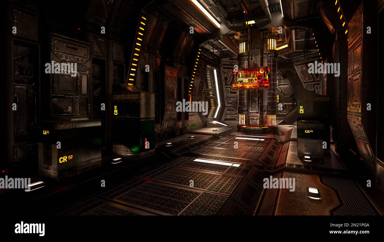 Dark mysterious science fiction space ship corridor. 3D illustration ...