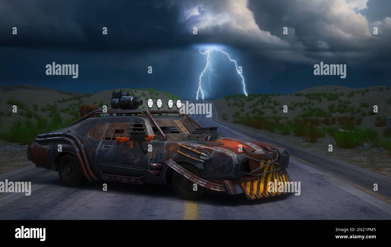 Post apocalypse fantasy rusty armoured car on a barren desert road at ...