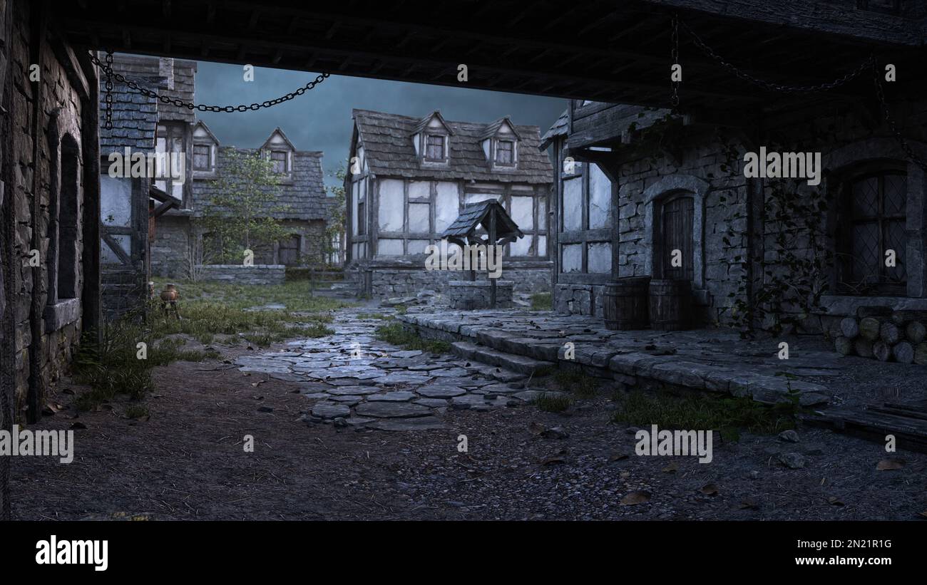 View along a cobbled street under medieval buildings in a fantasy ...
