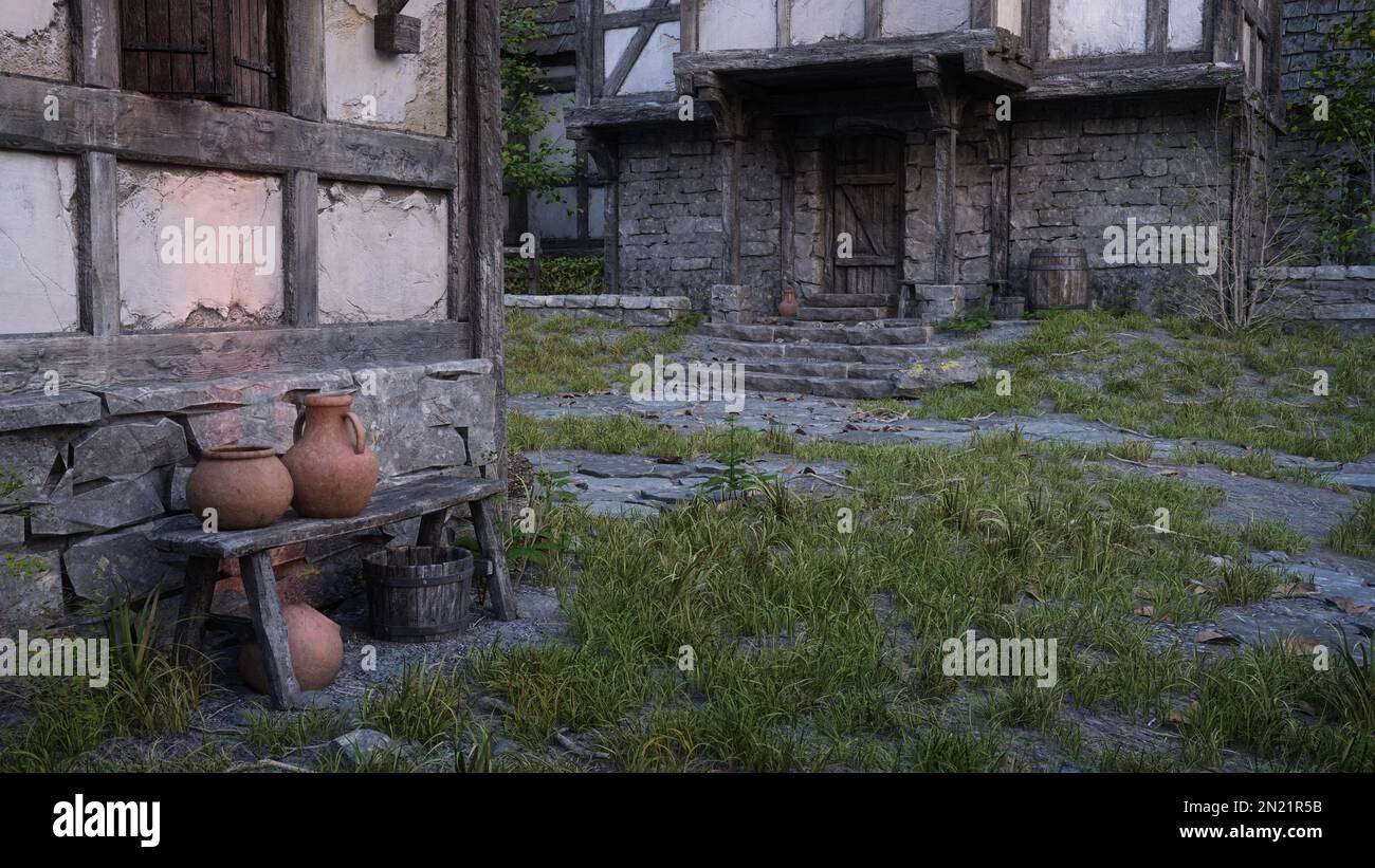 Outside of a timber framed house in a fantasy medieval town or village ...