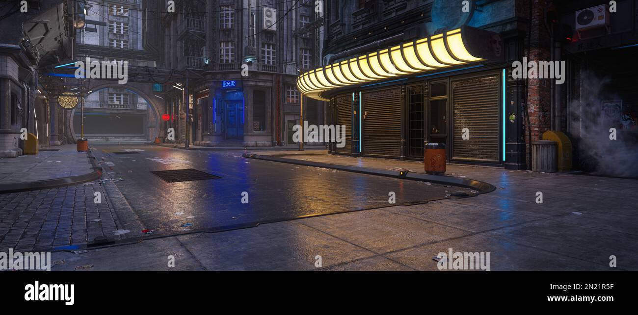 Wide cinematic view of a dark downtown street in a dystopian future ...