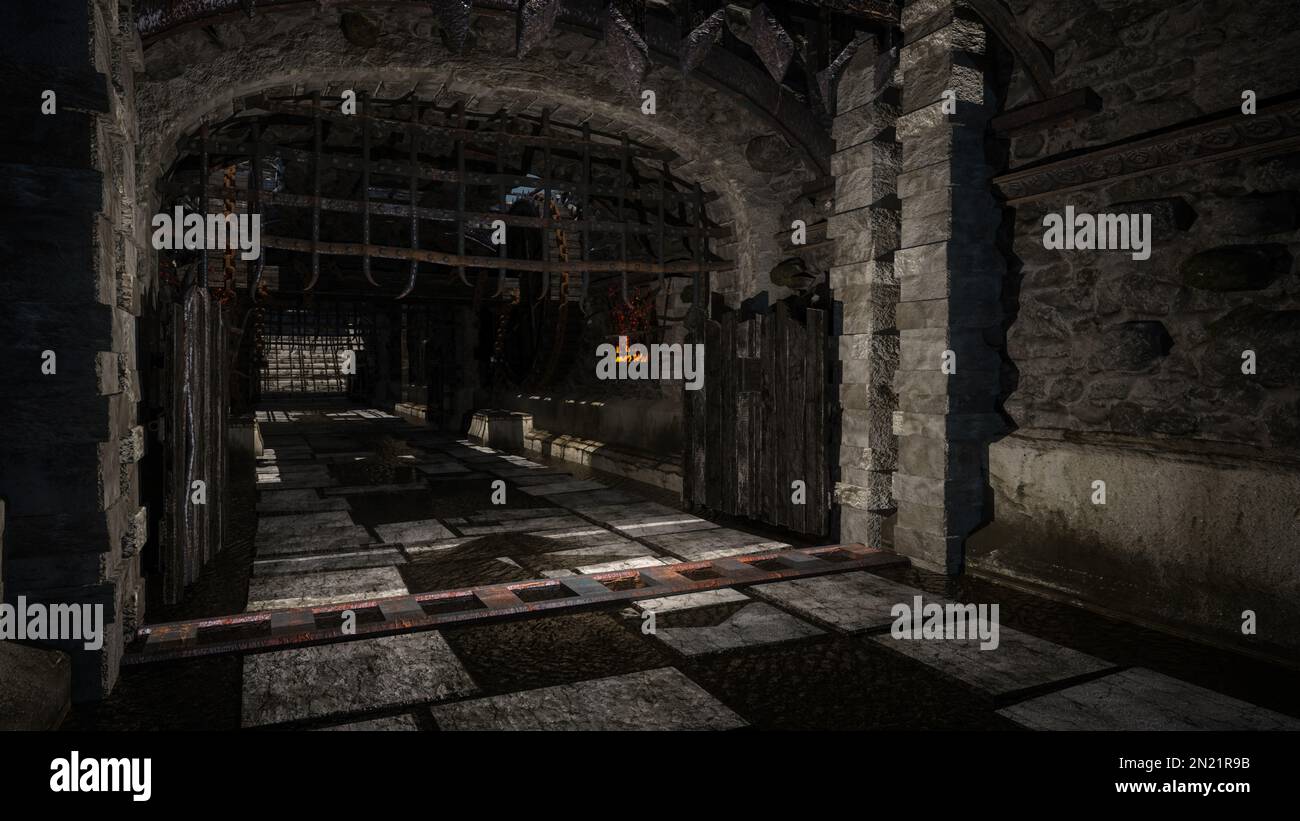 Dark moody medieval castle hallway with black iron gate. 3D ...