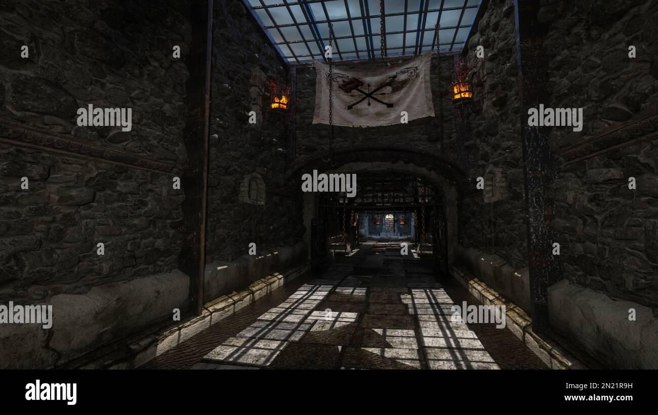 Dark moody tunnel in an old fantasy medieval castle. 3D rendering Stock ...
