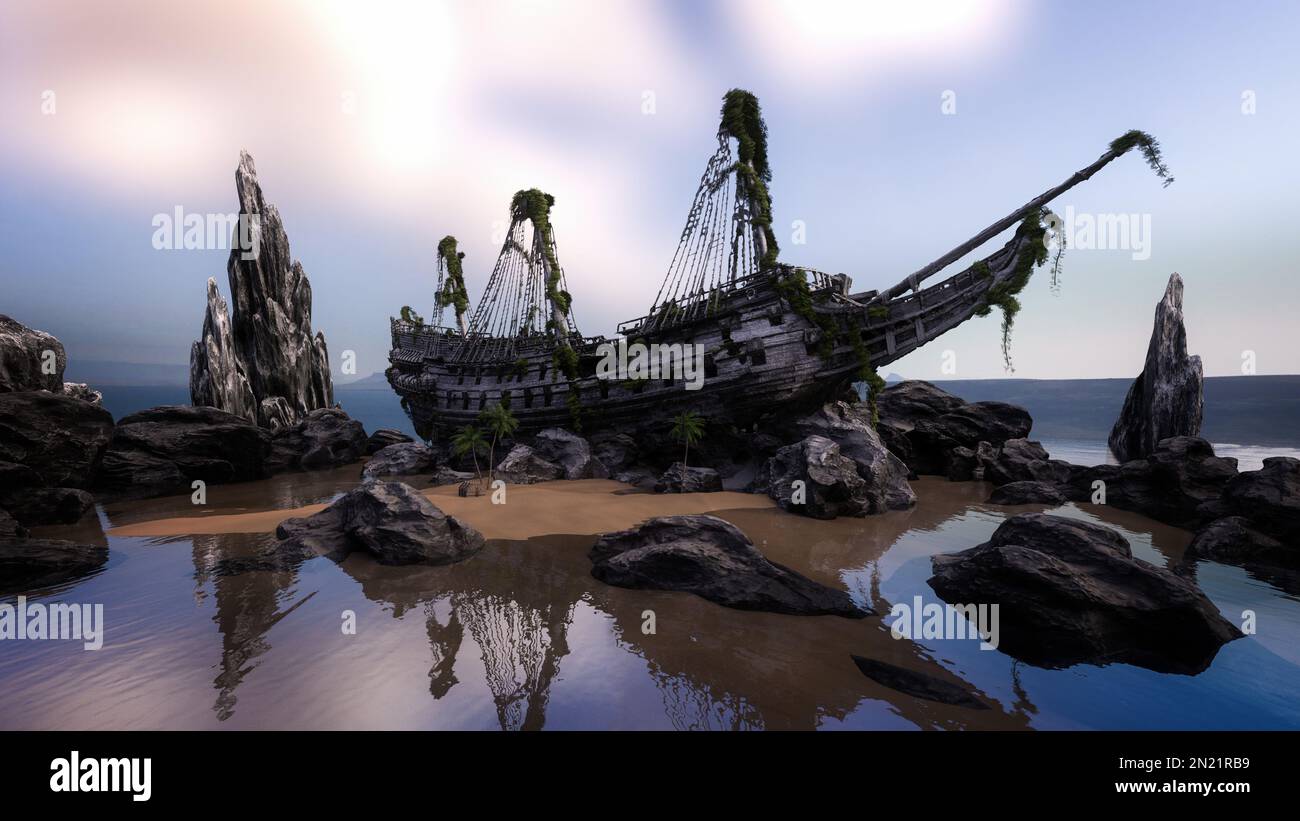 Old pirate ship wreck stranded on rocks and sandy beach, covered in ...
