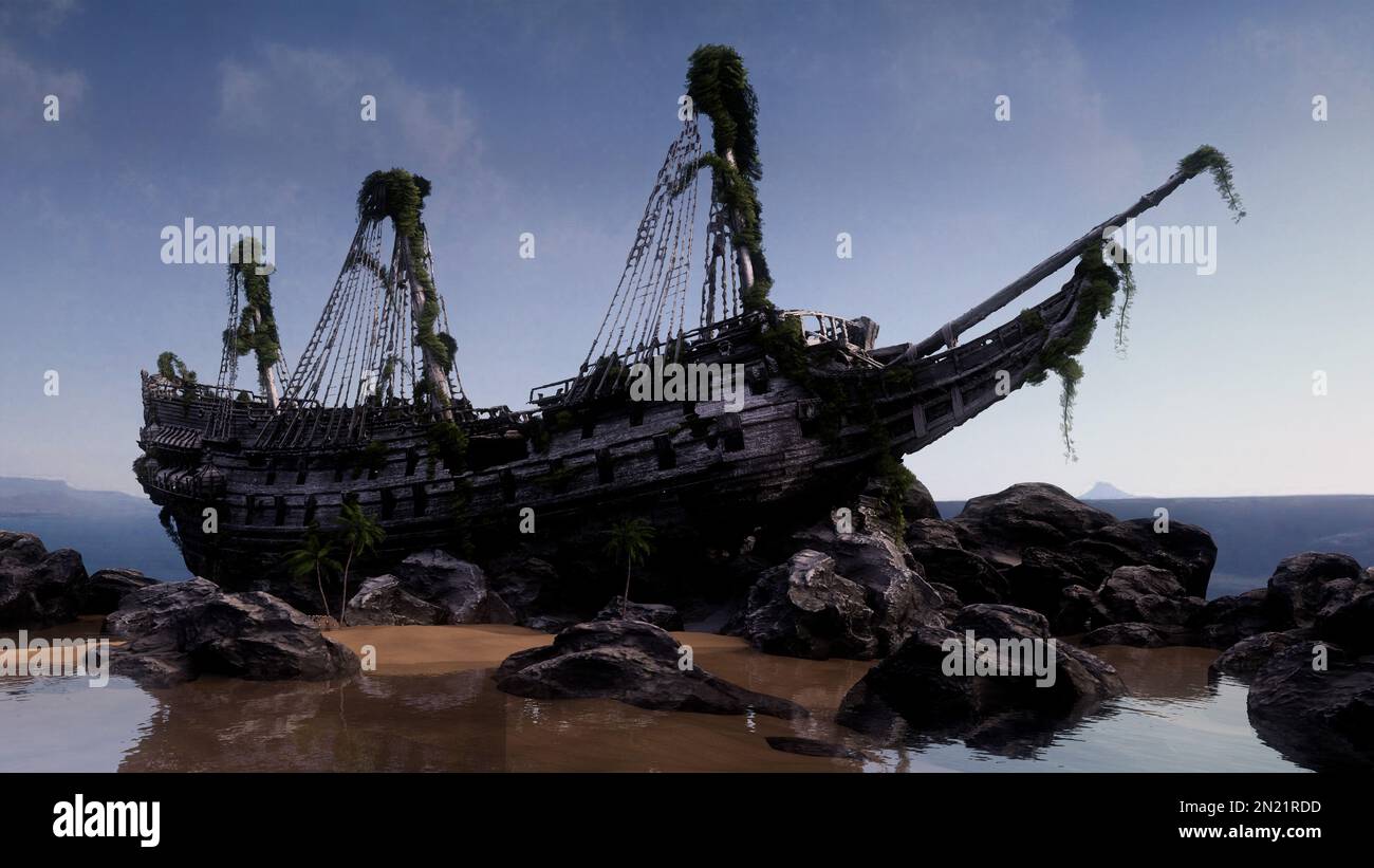 Old rotting wooden pirate ship wreck stranded on rocks by the sea. 3D ...