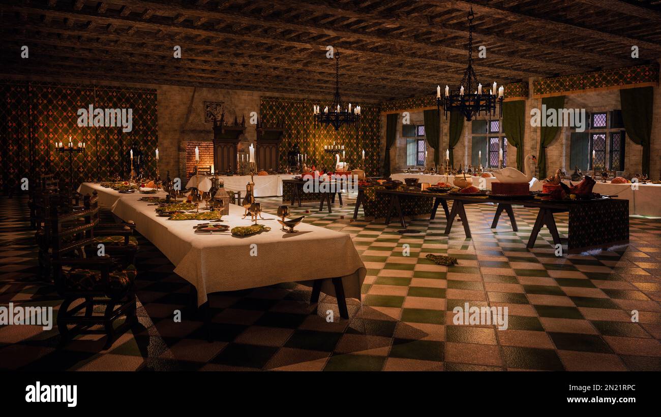 Grand medieval banquet hall with remains of a great feast on the wooden ...