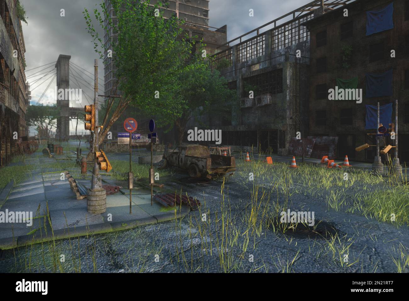 Fantasy post apocalyptic future ruined city landscape. 3D rendering ...