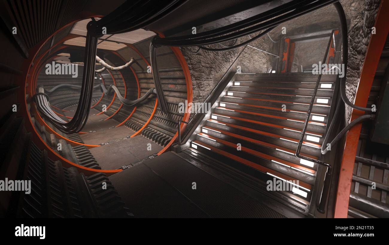 Futuristic sci-fi cyberpunk underground tunnel with steps leading to an ...