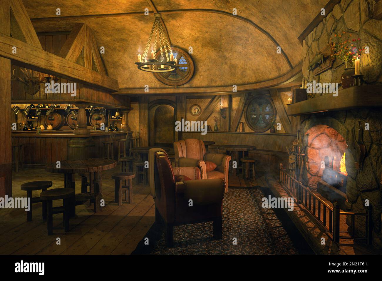 Armchairs by the fire in an old medieval tavern bar in the evening. 3D ...