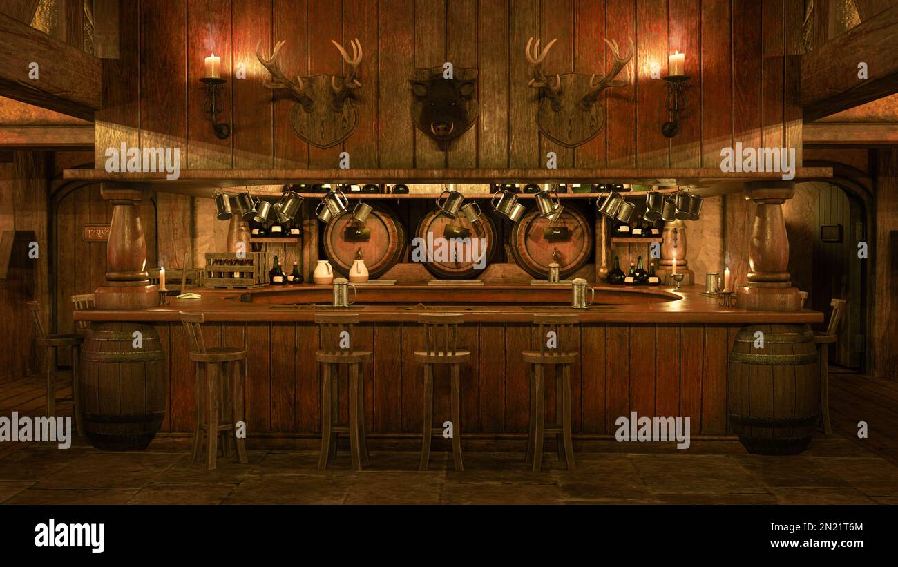Medieval tavern bar with barrels of ale, cider and mead lit by ...