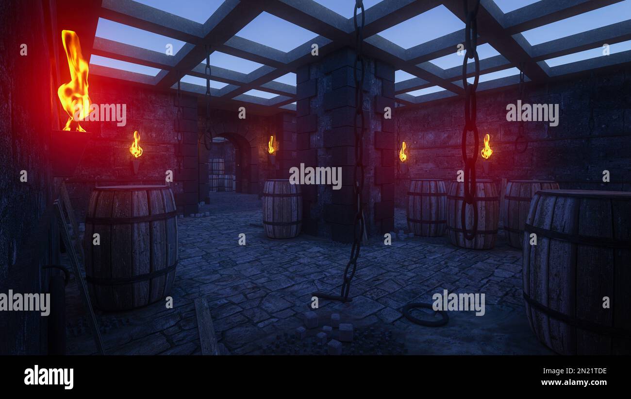 Medieval building with stone floor and barrels. Moonlight shines ...