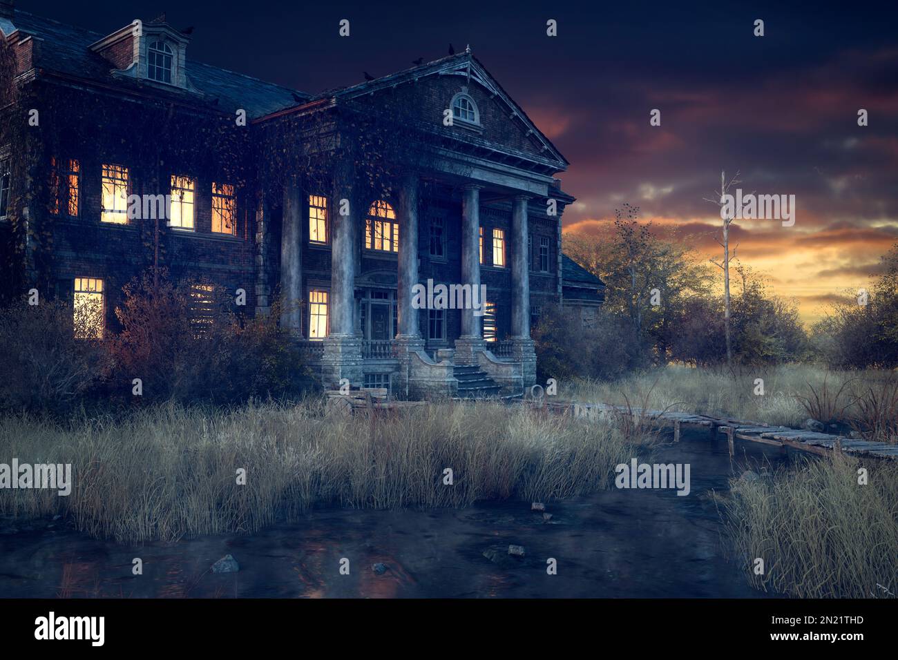 Old abandoned mansion house under stormy sky at sunset with warm light ...