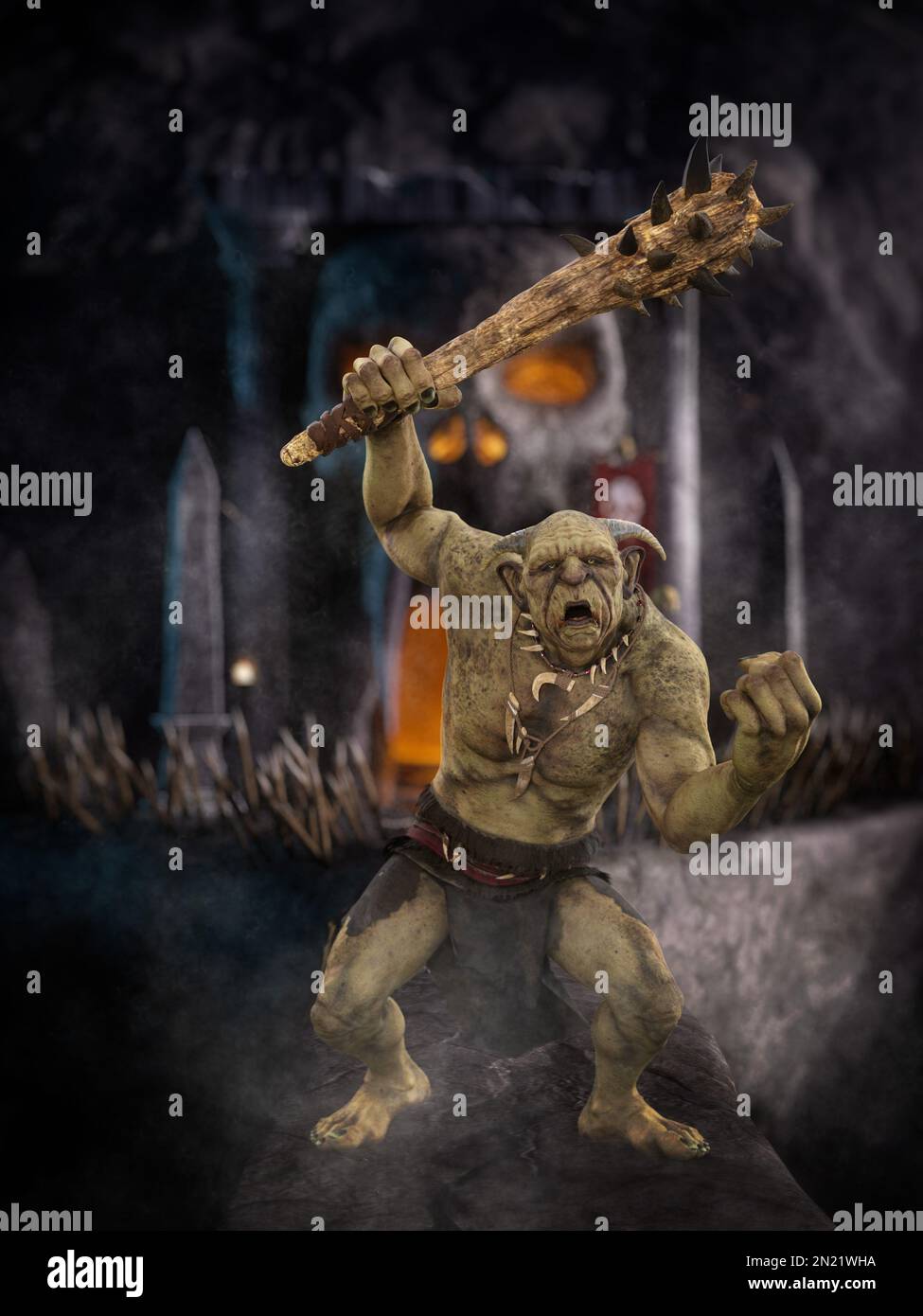 Fantasy green troll waving a club weapon standing on a rocky bridge in ...