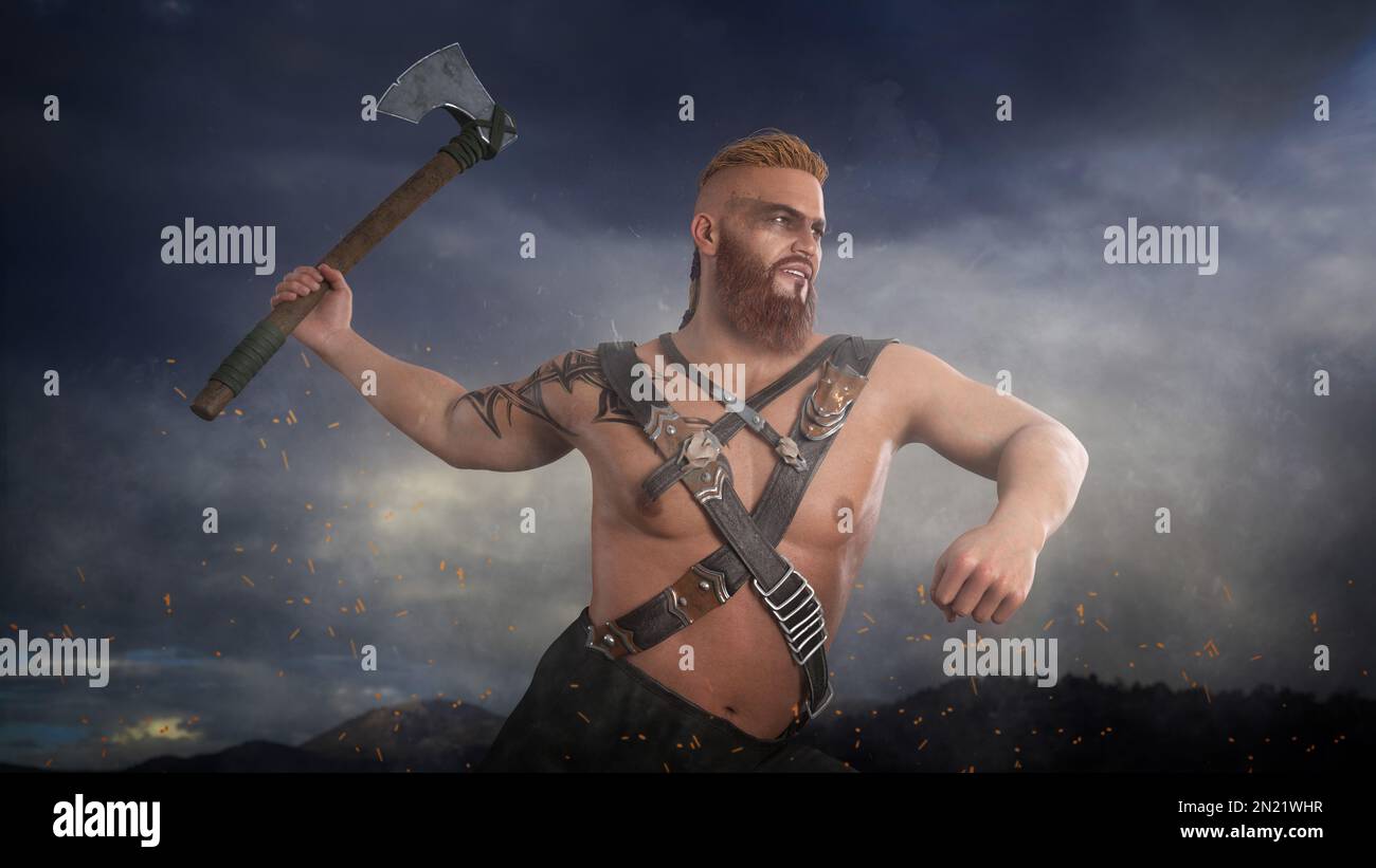 Viking warrior man fighting with a bearded axe under dark stormy sky ...
