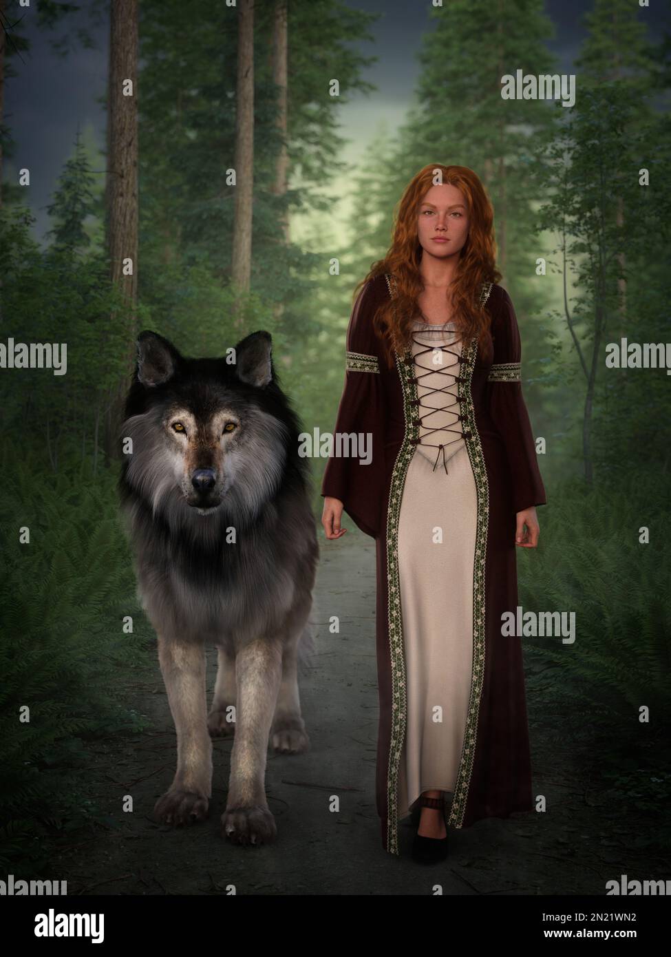 3D rendering of a fantasy medieval redhead woman walking with her wolf ...