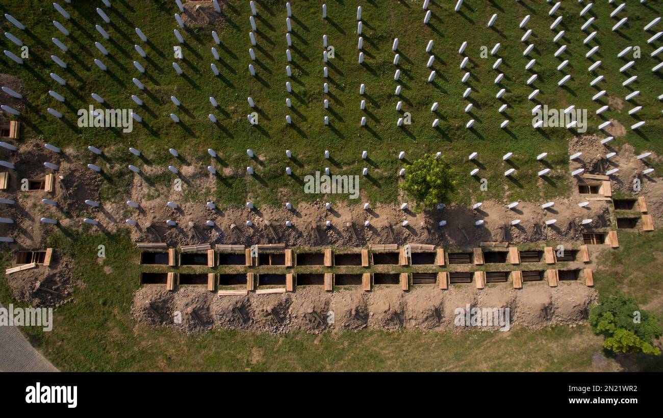 An areal view of memorial center in Potocari near Srebrenica, 150 kms north east of Sarajevo ...