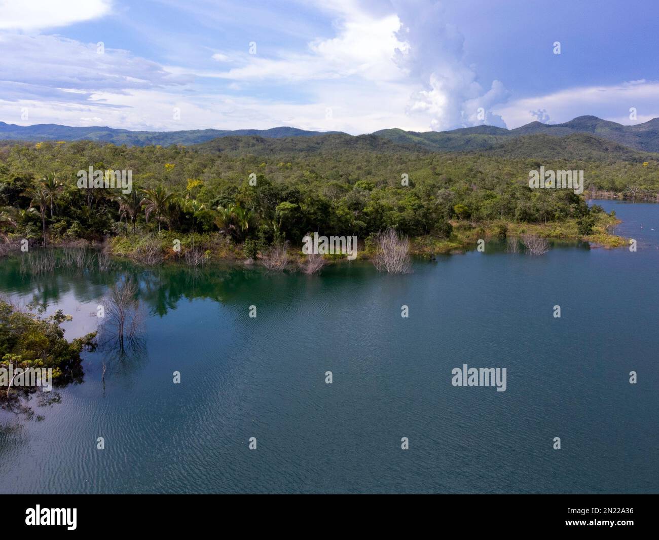 aerial view of a beautiful landscape with lake and mountains, Serra da ...