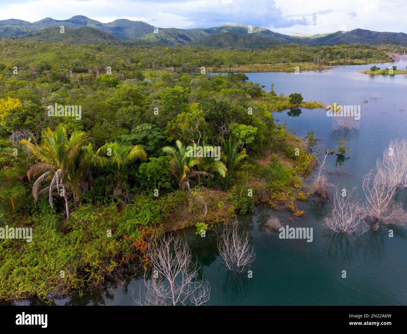 aerial view of a beautiful landscape with lake and mountains, Serra da ...