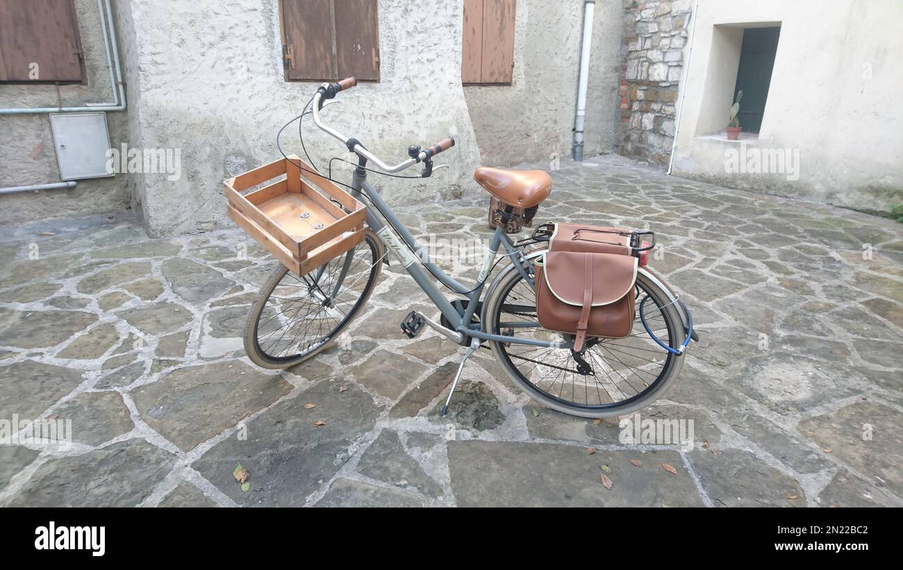 Modern Retro Bicycle with Wooden Crate and Leather Bags over Rear Wheel ...