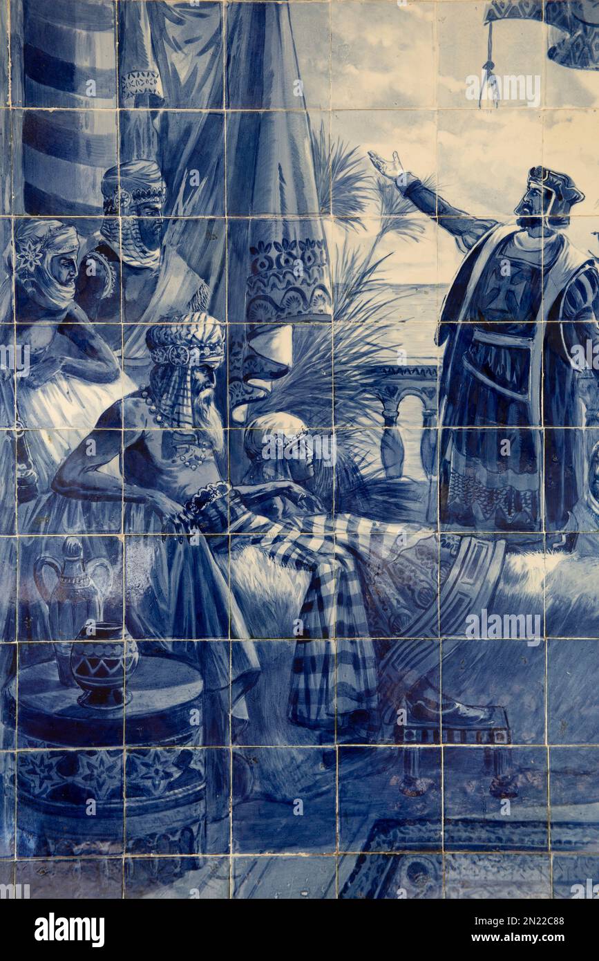 Azulejo tiles showing scene from the poem The Lusiads by Portuguese ...
