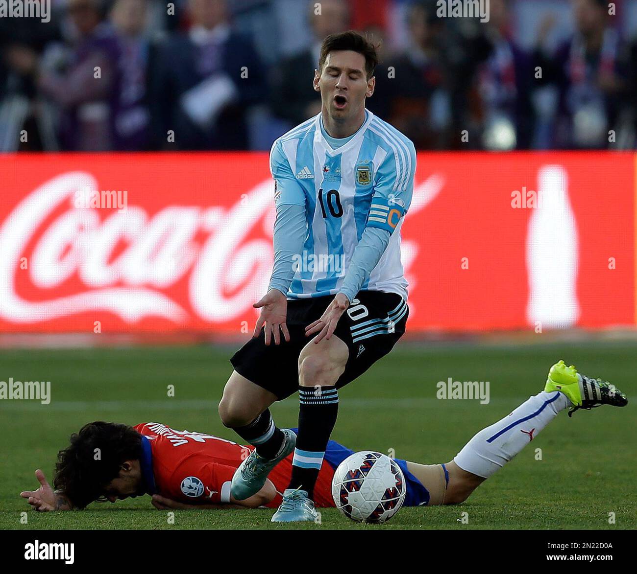 Argentina's Lionel Messi reacts after the referee called a foul against ...