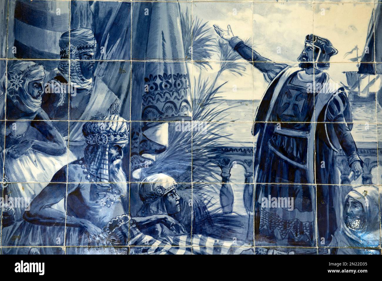 Azulejo tiles showing scene from the poem The Lusiads by Portuguese ...