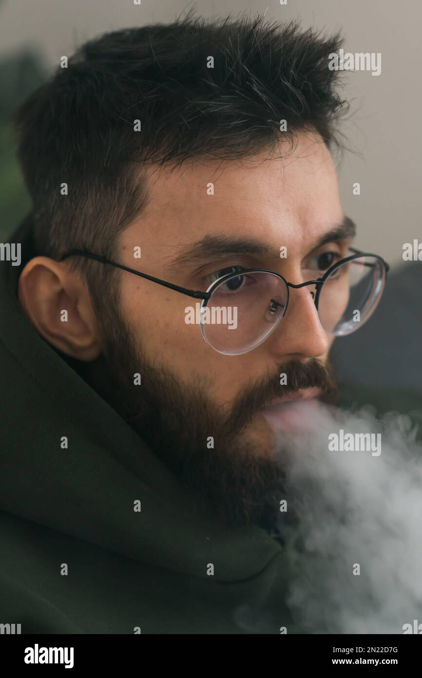 Bearded millennial or gen z man smoking hookah while relaxing on sofa ...