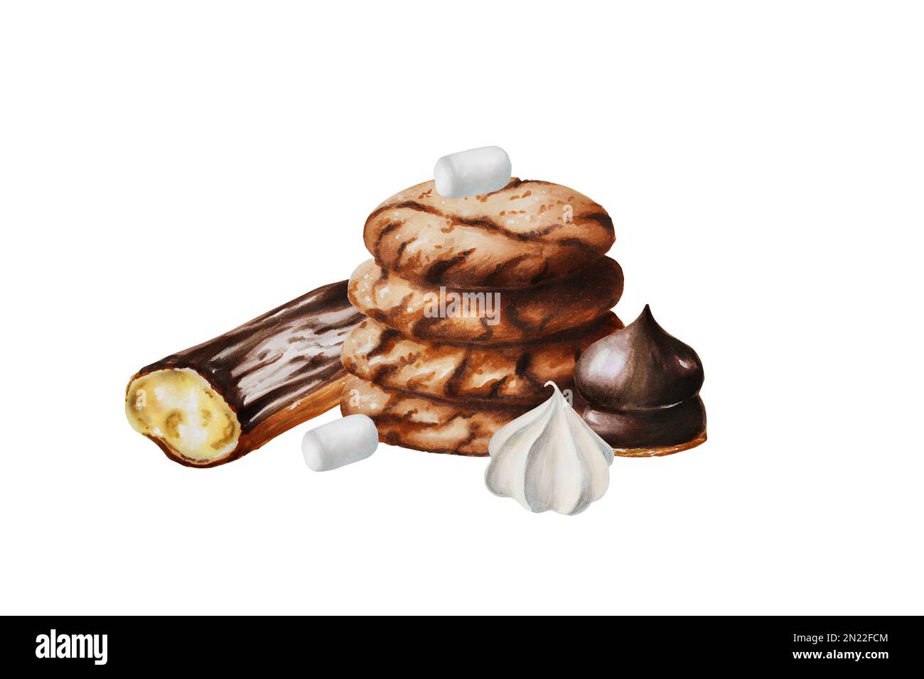 Watercolor composition with peanut biscuits, marshmallows in chocolate ...