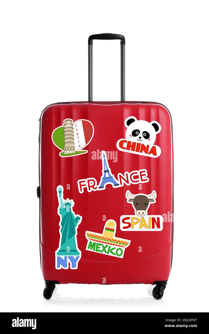 Modern suitcase with travel stickers on white background Stock Photo ...