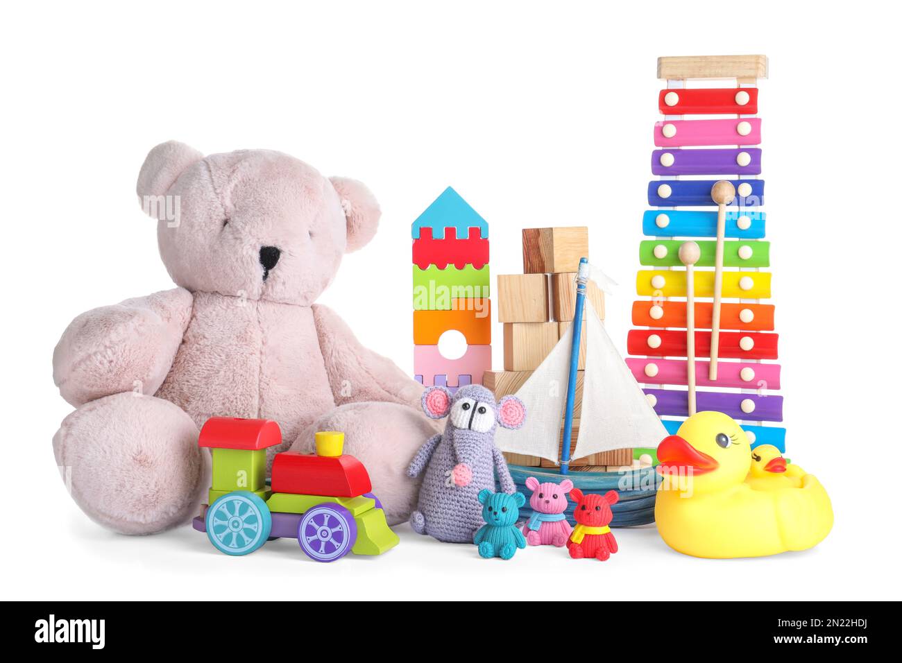 Set of different toys on white background Stock Photo - Alamy