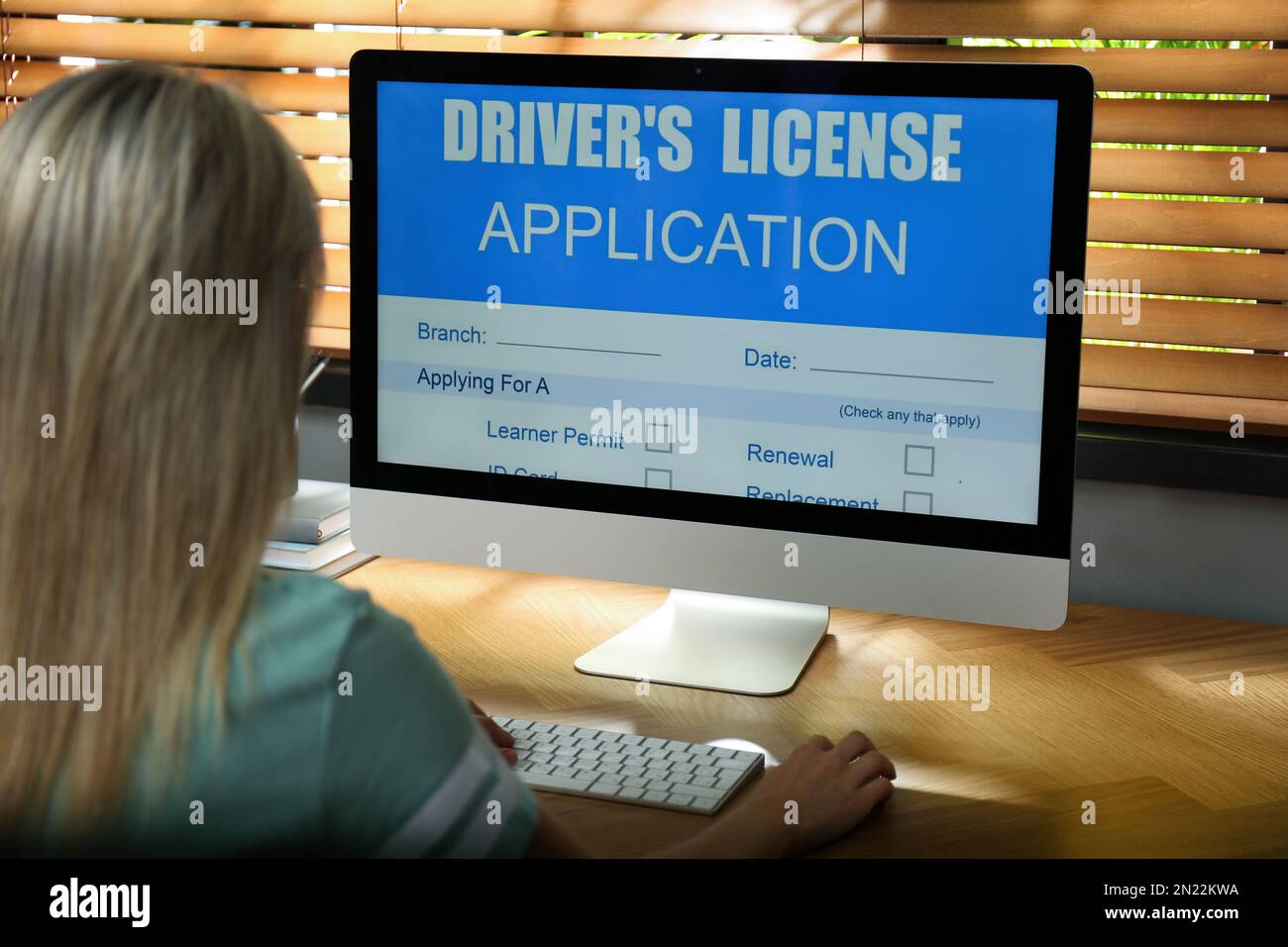 Woman using computer to fill driver's license application form at table in office, closeup Stock ...