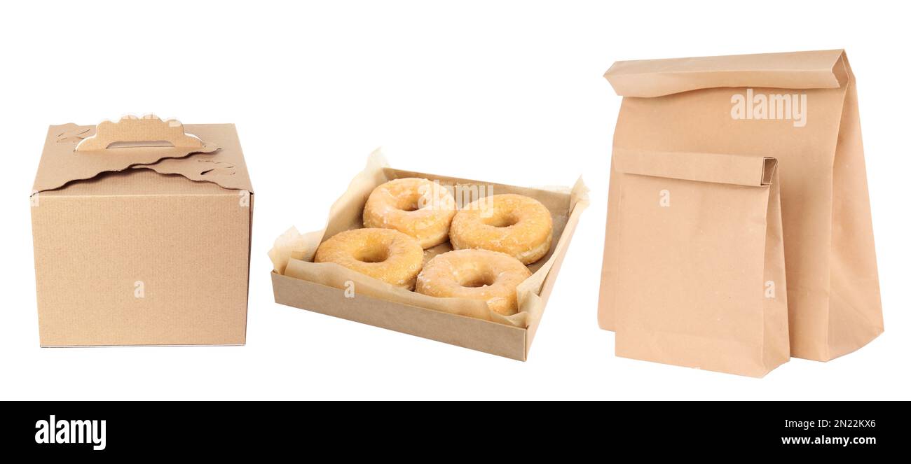 Collage of cardboard containers on white background. Food delivery ...