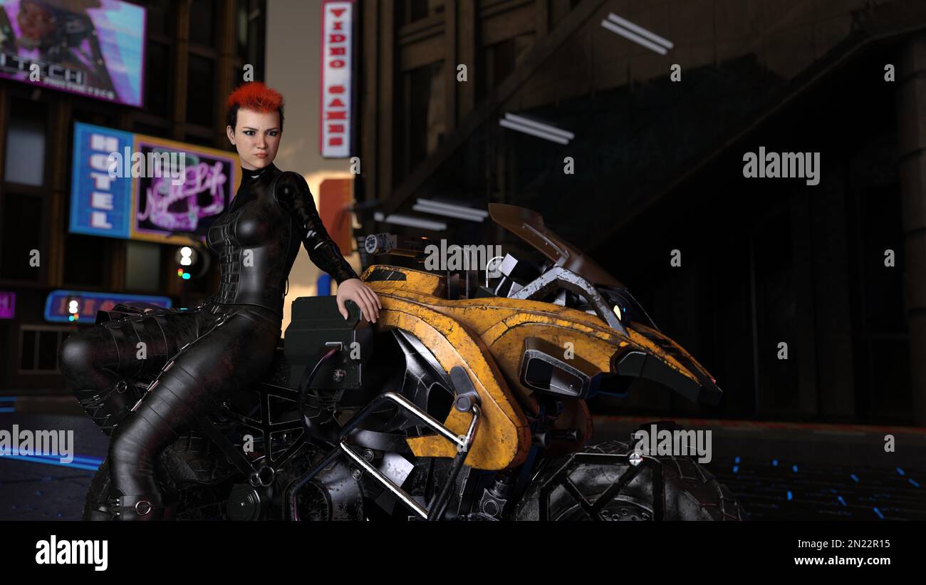 3d-illustration of a futuristic cyberpunk bike driven by a girl chased ...
