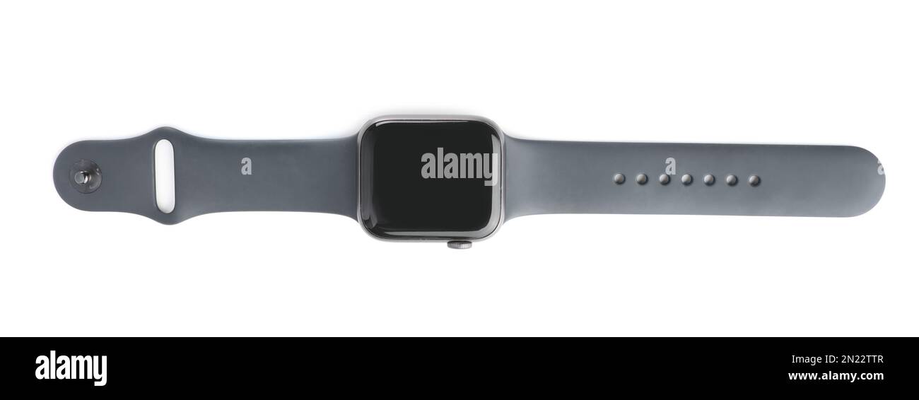 Modern stylish smart watch isolated on white, top view. Banner design ...