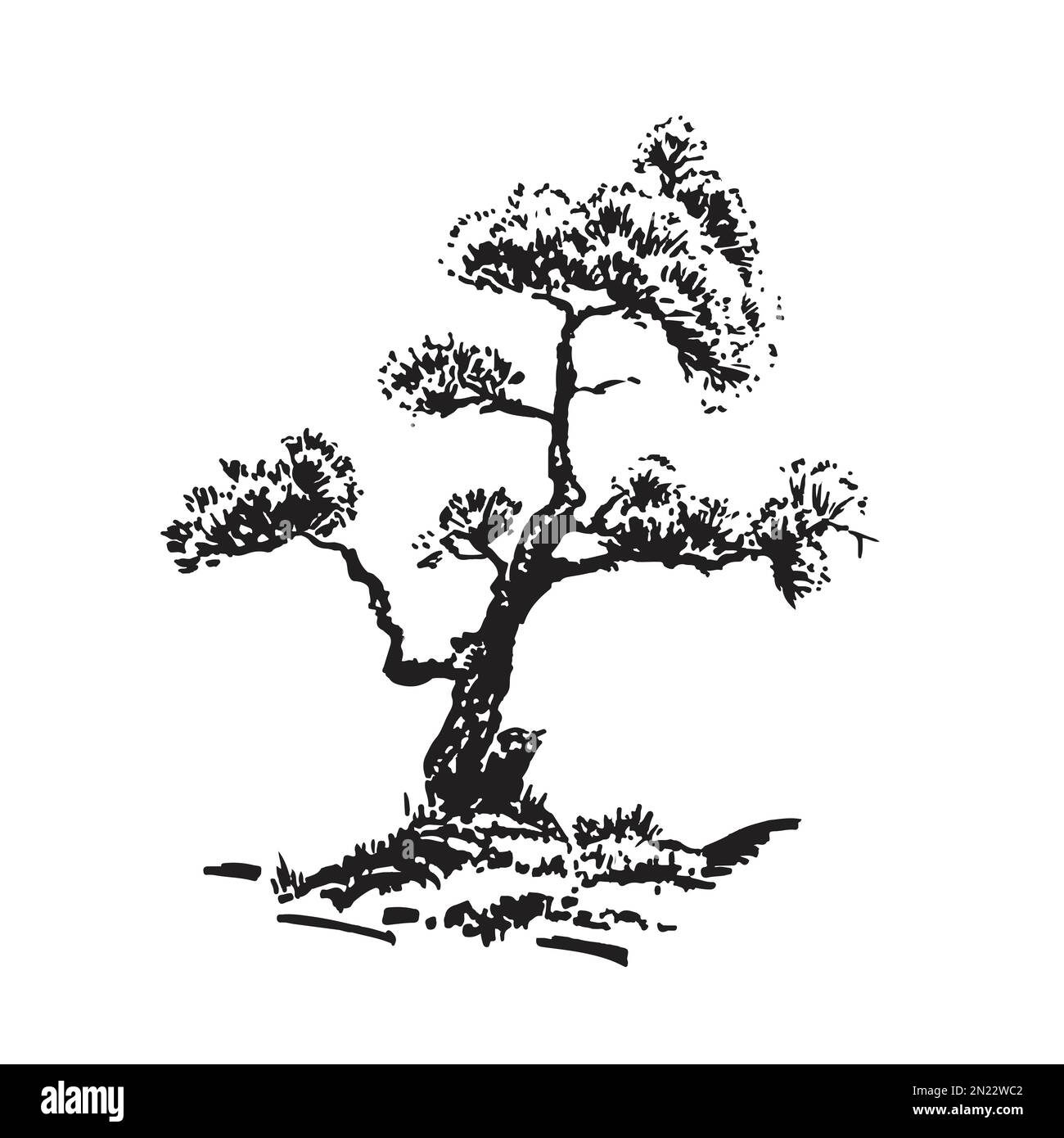 Hand-drawn tree, pine. Black and white realistic image, sketch painted with ink brush Stock ...