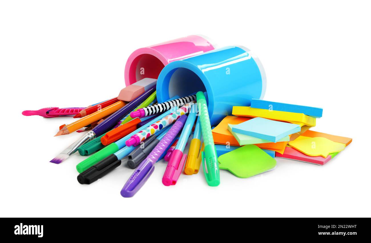 Set of colorful school stationery on white background Stock Photo - Alamy
