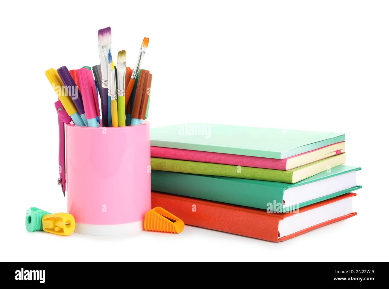 Set of colorful school stationery on white background Stock Photo - Alamy