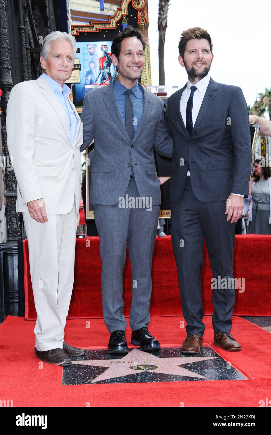Actors Michael Douglas, from left, Paul Rudd, and Adam Scott attend a ...