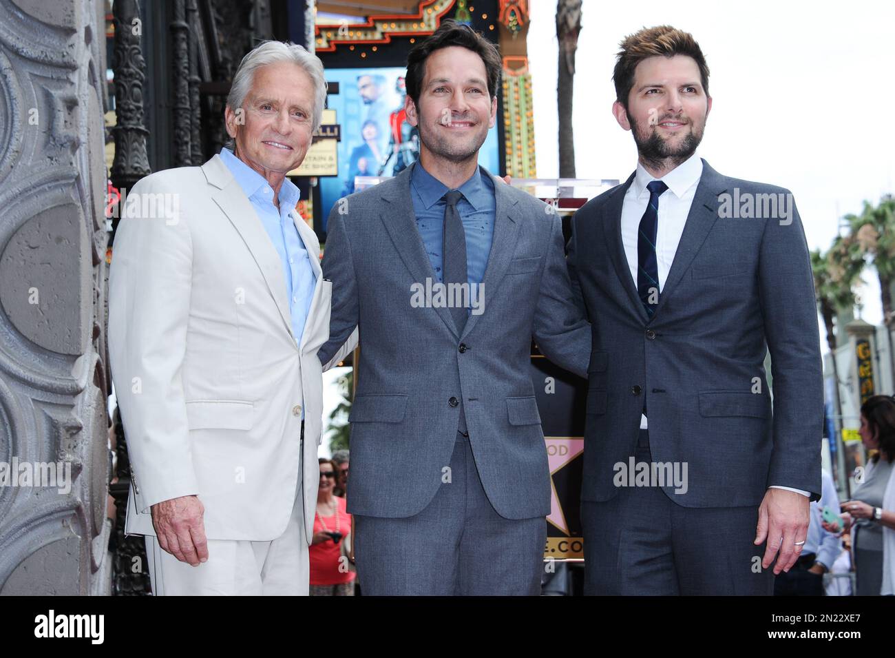 Actors Michael Douglas, from left, Paul Rudd, and Adam Scott attend a ...