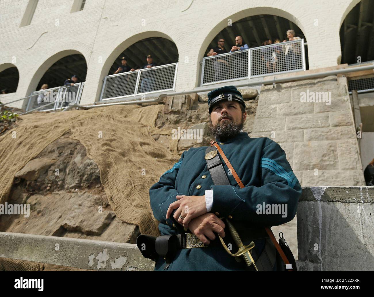 Charles Kenyon, with the group Civil War Friends of Alcatraz, stands ...