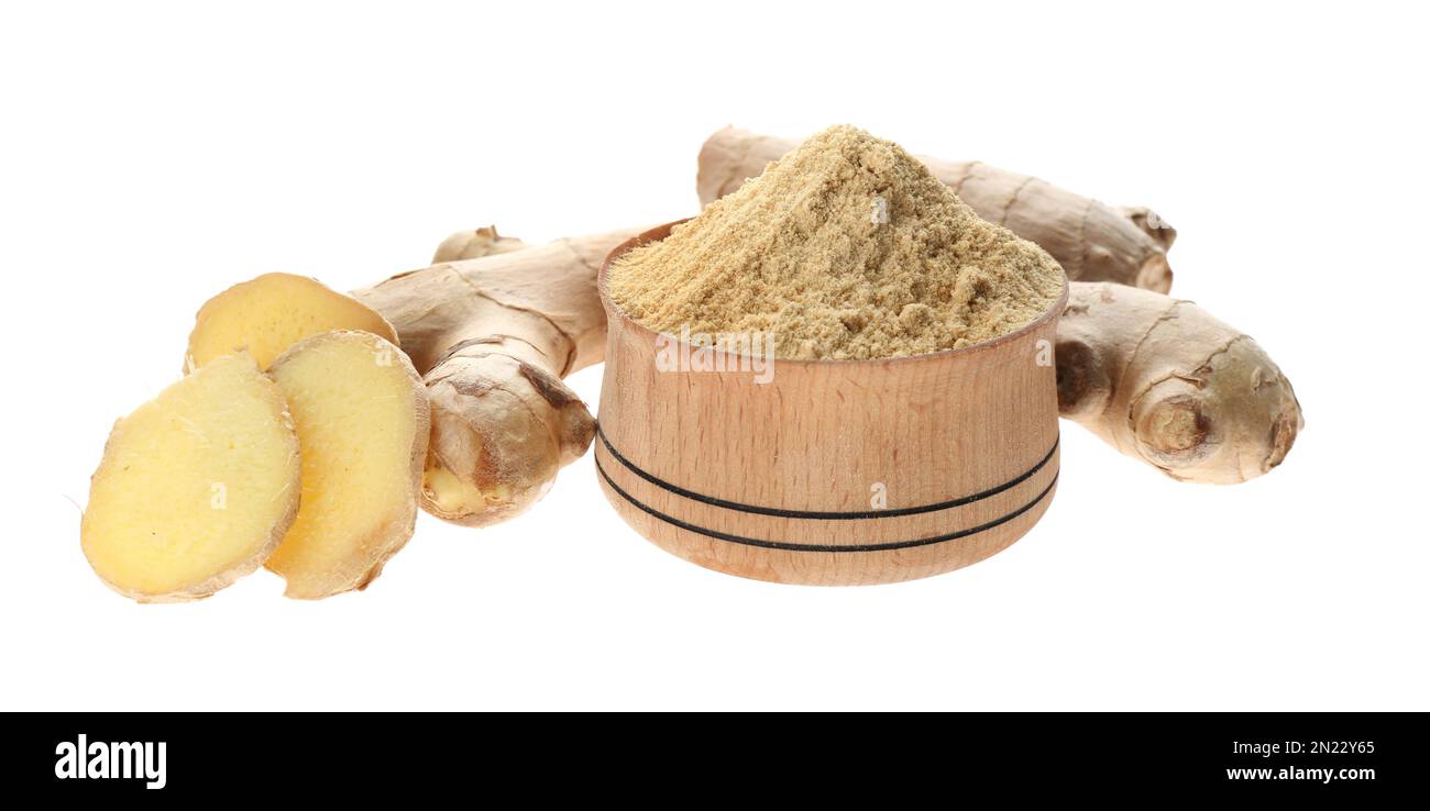 Dry ginger powder and fresh root isolated on white Stock Photo - Alamy