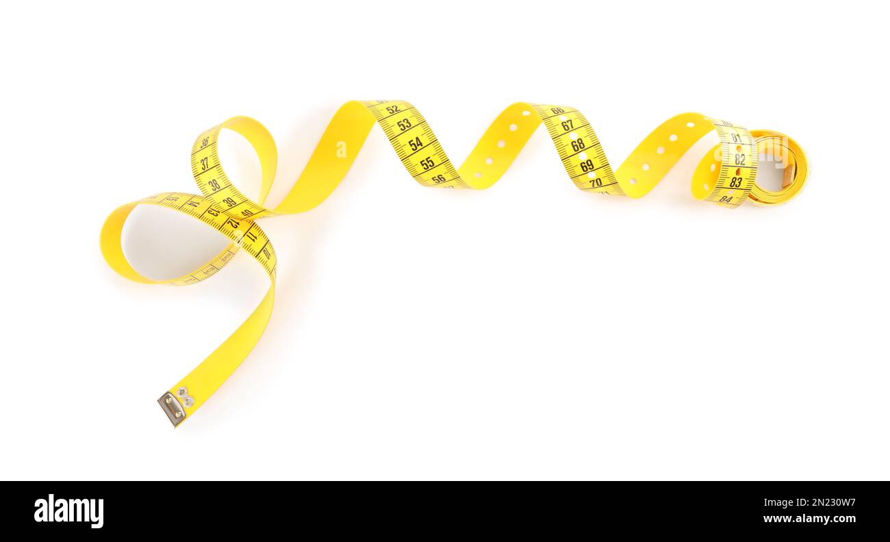 New yellow measuring tape isolated on white, top view Stock Photo - Alamy