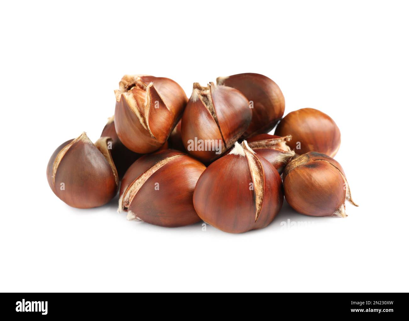 Delicious sweet roasted edible chestnuts isolated on white Stock Photo ...