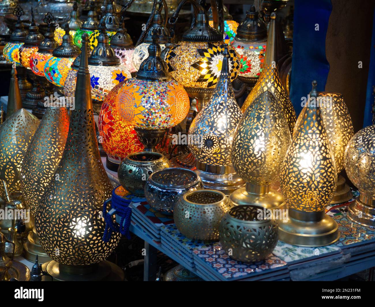 Moroccan style lamps in the medina traditional market. Lights and ...